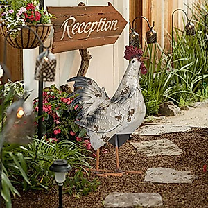 TERESA'S COLLECTIONS Farmhouse Metal Rooster Garden Statues Decor, 15 Inch Rustic Outdoor Chicken Sculpture Figurines Yard Art for Farm Patio Lawn Kitchen Decorations