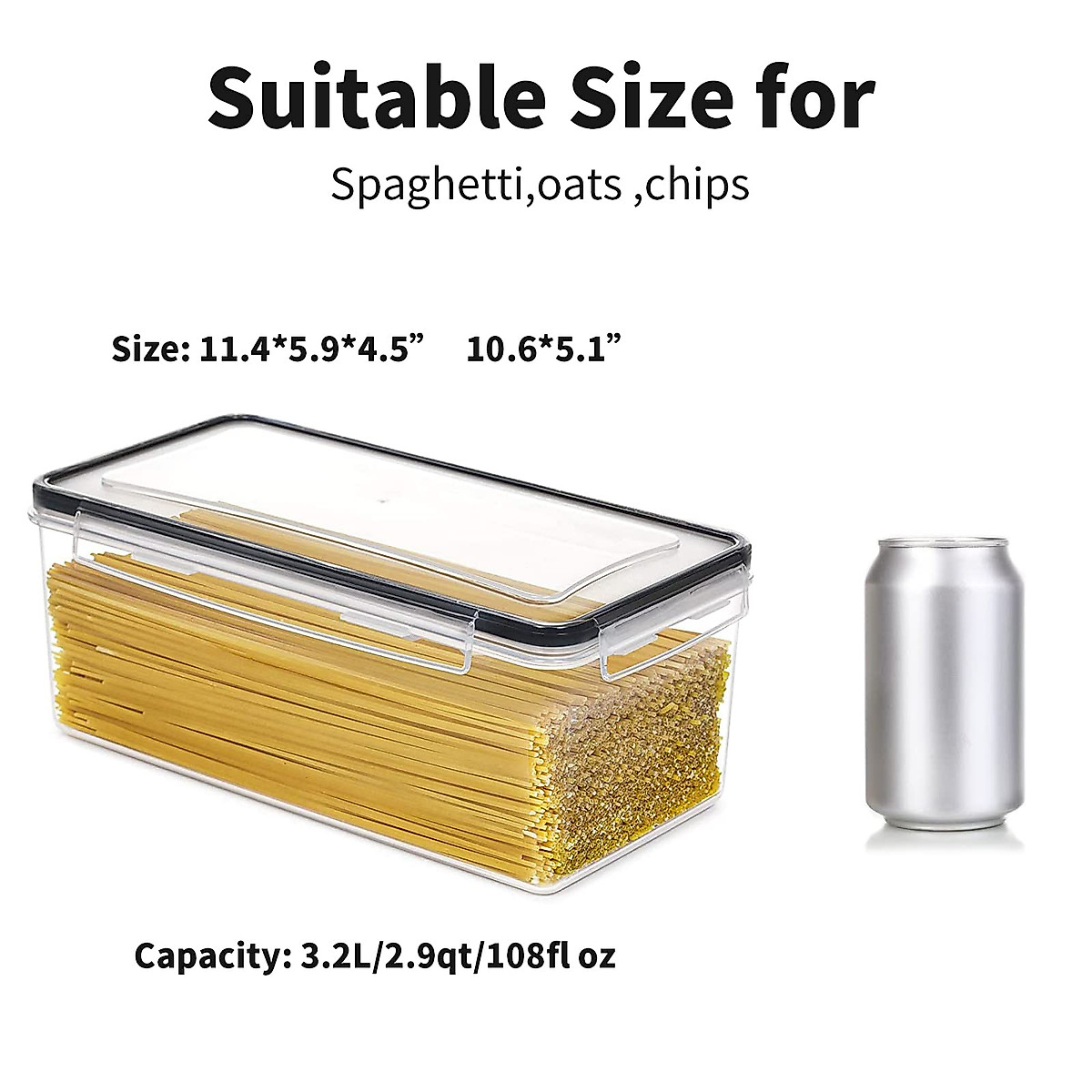 Luvan 4PCS Airtight Food Storage Containers, 3.2L BPA-Free Plastic Spaghetti Container for Pasta Organizer, Air Tight House Kitchen Pantry Organization & Storage Rice, Coffee, Tea, Nuts, Spaghetti