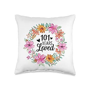 Floral Frame 101 Years Old 101st Birthday Gifts 101 Years Loved Funny Mom Dad Grandpa Grandma 101st Birthday Throw Pillow, 16x16, Multicolor