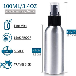 Empty Spray Bottles Travel Size 100ml/3.4oz 5 Pack Small Spray Bottle Aluminum Metal Fine Mist Refillable Atomizer Set with Lids for Liquids Skincare Cosmetic Perfume Storage, with 4pcs Small Funnels