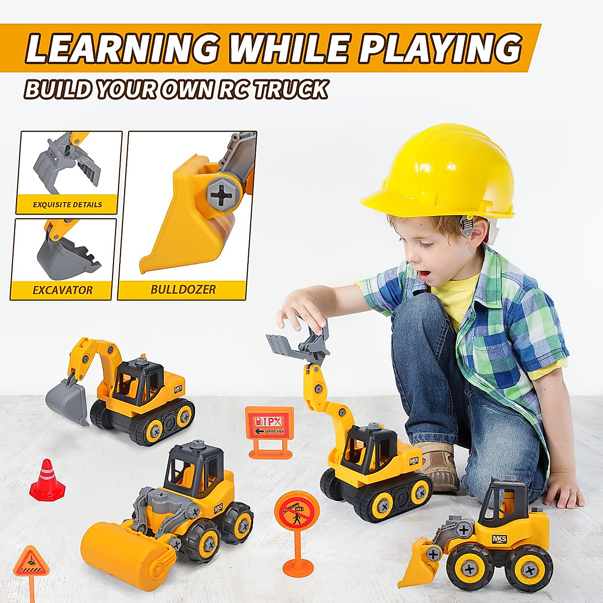 YONGJULE Construction Vehicle Toys, Take Apart Toys for 3 Year Old Boys, Excavator, Bulldozer, Roller, Loader Toy for Kids, Educational Toys Gifts for Children 3 4 5 6 Years Old