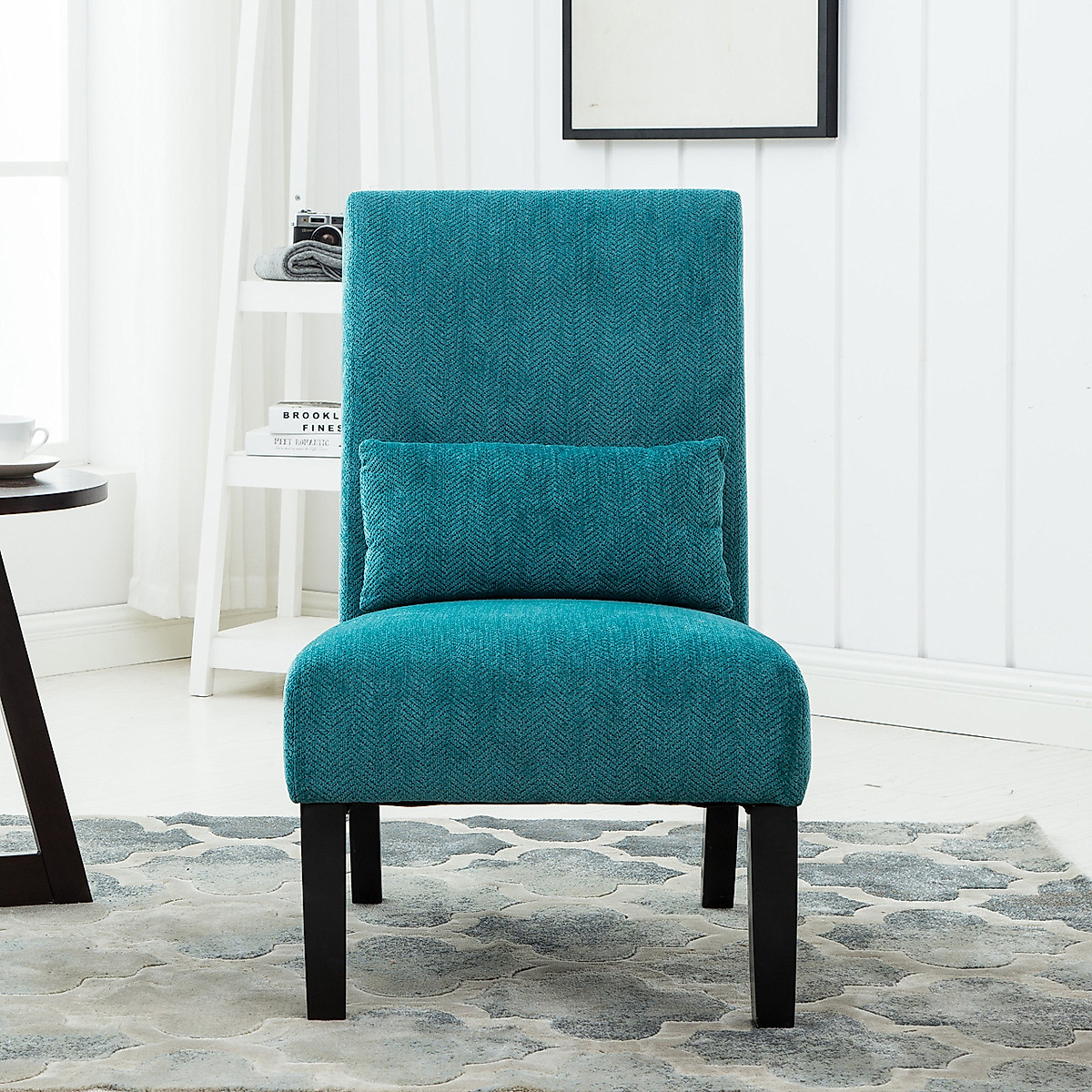 Roundhill Furniture Pisano Teal Blue Fabric Armless Contemporary Accent Chair with Kidney Pillow