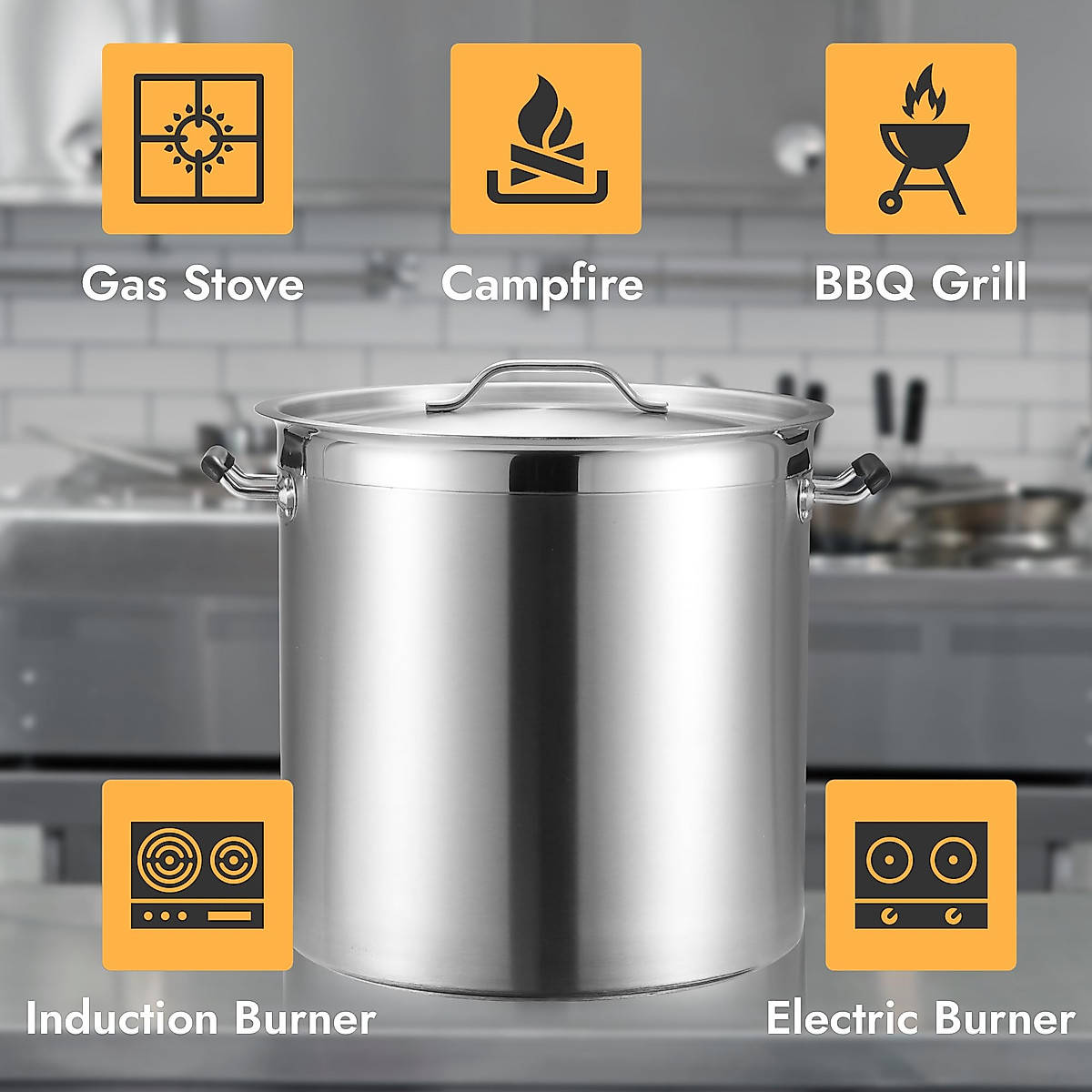 CURTA 32 Quart Large Stock Pot with Lid, NSF Listed, 3-Ply Clad Base, Heavy Gauge 18/8 Stainless Steel Cooking Pot, Commercial Cookware for Soup, Stew & Sauce, Riveted Silicone Handle, Induction Ready