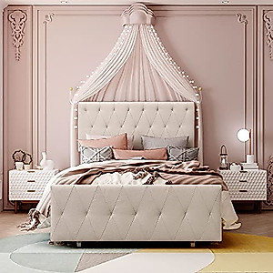 MERITLINE Twin Size Metal Bed, Twin Platform Bed Frame with Upholstered Headboard and Footboard, Metal Platform Bed with Drawer Storage No Box Spring Needed (Twin Size, Beige)