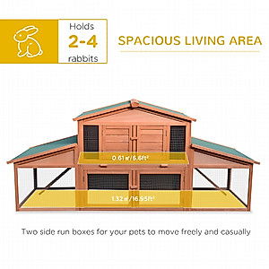PawHut 89" L Outdoor Rabbit Hutch, Guinea Pig Cage Indoor Outdoor Wooden Bunny Hutch with Double Runs, Weatherproof Roof, Removable Tray, Ramps, Natural