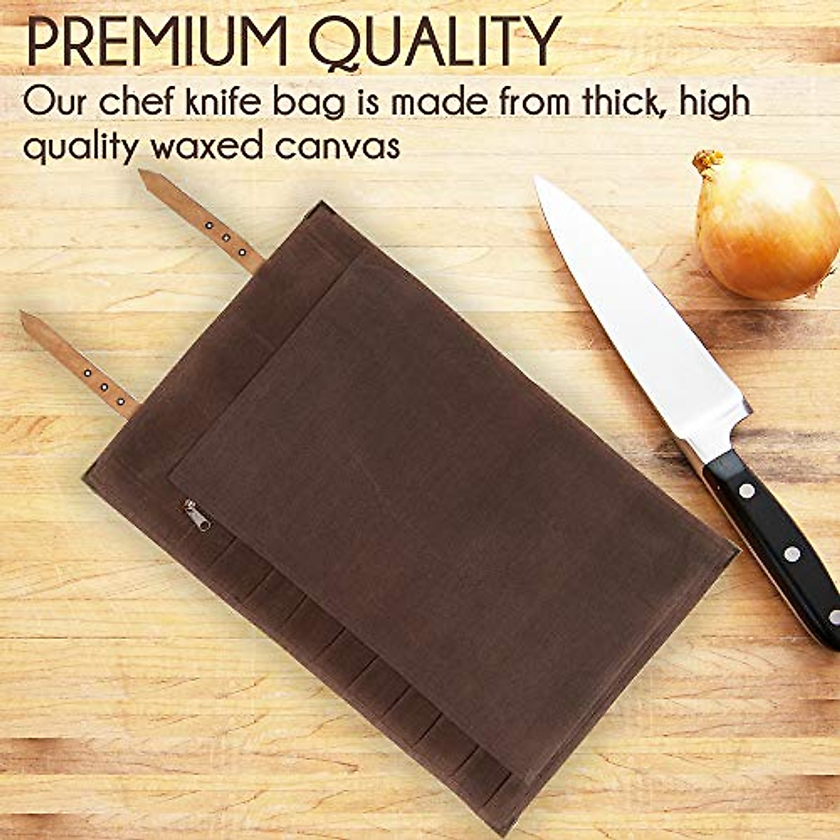 Prechepro (US Based Company Chef Knife Roll Bag With 10 Pockets, Tool Pouch And Leather Card Holder - Chef Knife Bag - Handmade Craftsmanship - Rugged Industrial Quality - Bag Only - No Knives