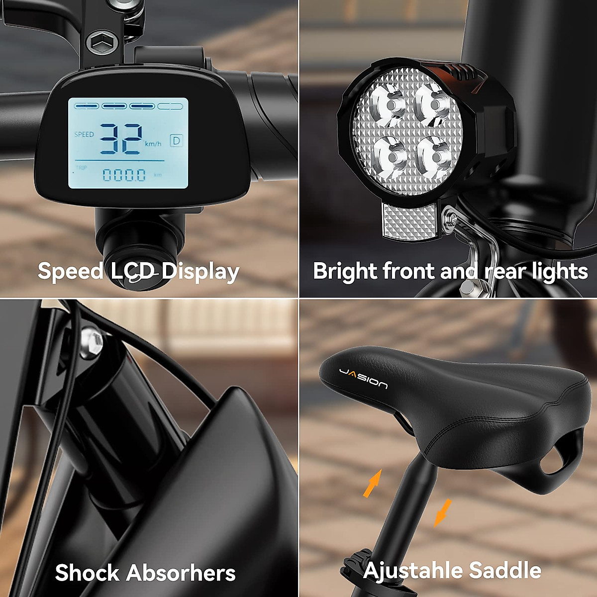 Jasion EB3 Electric Bike Adults 21mph, 500W Peak Motor, 270Wh Battery, Rear Suspension, 3 Levels Assist, 14" Folding Ebike for Adults and Teens, Complies to UL2849 (with Lock, White)