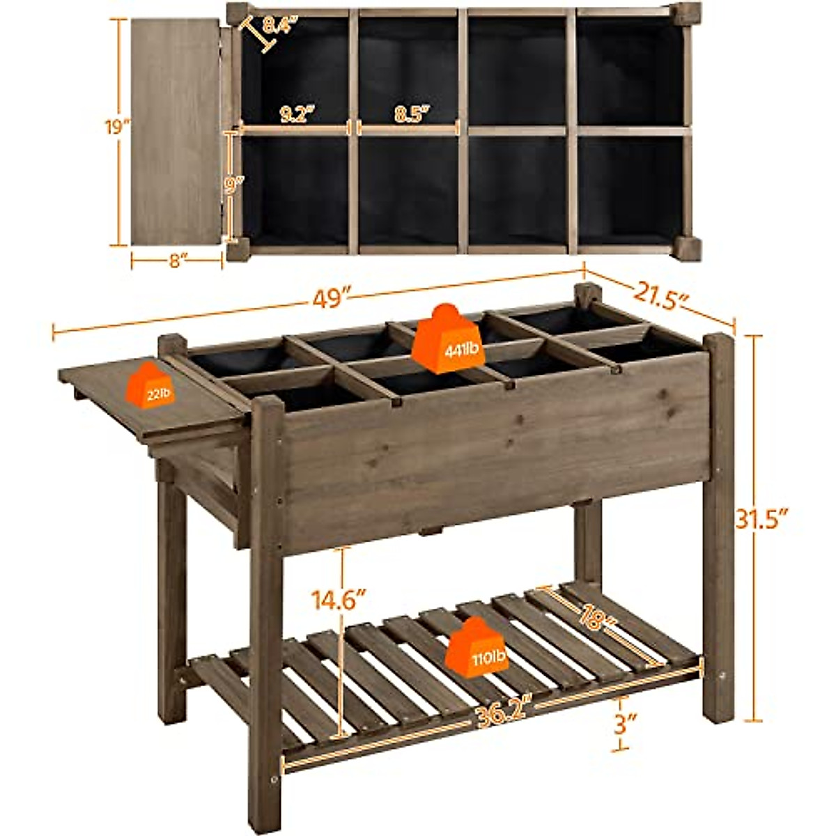 Yaheetech 49x22x32in 8 Pockets Raised Garden Bed Elevated Wood Planter Box Stand with Foldable Side Table and Storage Shelf for Herb/Vegetables/Flowers