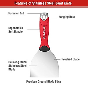 Goldblatt 4-piece Stainless Steel Joint Knife Set, 3-piece 4'', 5'', 6'' Putty Knives and 9-in-1 Multi-Tool Painter Scraper, Soft Handle with Hammer End, for Drywall