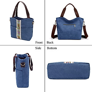 SILKAREA Women's Vintage Embroidery Hobo Bags Canvas Large Tote Handbag Shoulder Bag Purse Multi Pocket Top Handle Shopper (Navy Blue)