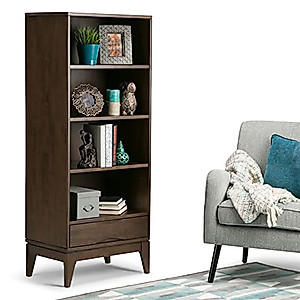 SIMPLIHOME Harper SOLID HARDWOOD 24 Inch Mid Century Modern Bookcase with Storage in Walnut Brown, For the Living Room, Study Room and Office