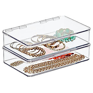 mDesign Plastic Closet Storage Organizer Box Containers with Hinged Lid for Shelves or Cabinets, Holds Necklaces, Hair Ties, Bracelets, Earrings, Wallets, Cosmetics, and Accessories - 2 Pack - Clear