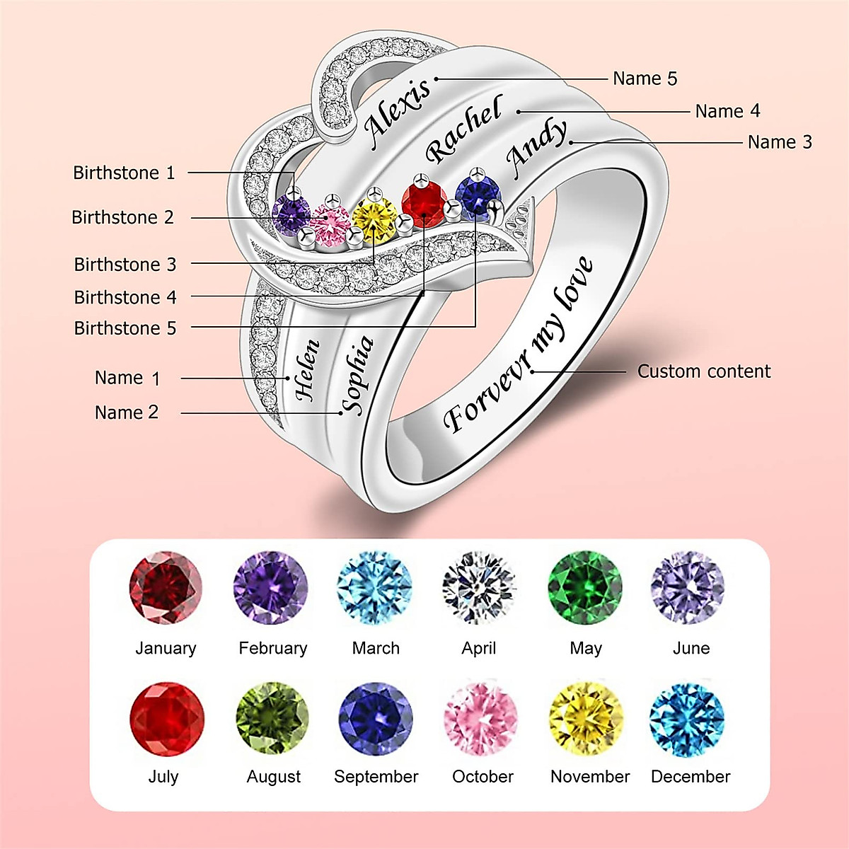 MissNaNa Personalized Mothers Rings with Simulated Birthstones Engraved 1-8 Family Names Mother's Day Rings Custom Love Heart Family Rings for Women (5 birthstone)
