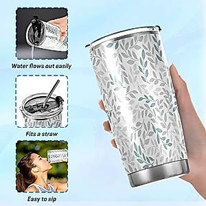Blue Gray Leaves Branches Stainless Tumbler Insulated Coffee Cups with Lid and Straw Travel Mug for Hot and Cold Drinks 20oz