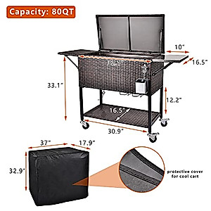 OKIDA Rolling Wicker Cooler Cart Outdoors, 80 Quart Ice Chest with Bottle Opener, Portable Beverage Bar for Patio Pool Party, Rattan Cooler Trolley with Stainless Cutting Board and Waterproof Cover