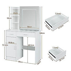 Vanity Set Dressing Table with Lighted Mirror, Modern Storage Makeup Table with 5 Drawers and Stool,White (H3071LED)