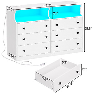 Hasuit 6 Drawer Dresser with LED Lights and Charging Station, Wide Chest of 6 Drawers with Open Space, Modern Large Capacity Storage Cabinet, White Dresser for Bedroom, Living Room, Hallway