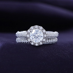 SAVEARTH DIAMONDS 1 1/2 ct. t.w Center 6MM Round Cut Lab Created Moissanite Diamond Double Halo Bridal Set Ring In 14k White Gold Over Sterling Silver (VVS1 Clarity, 1.50 Cttw)-7