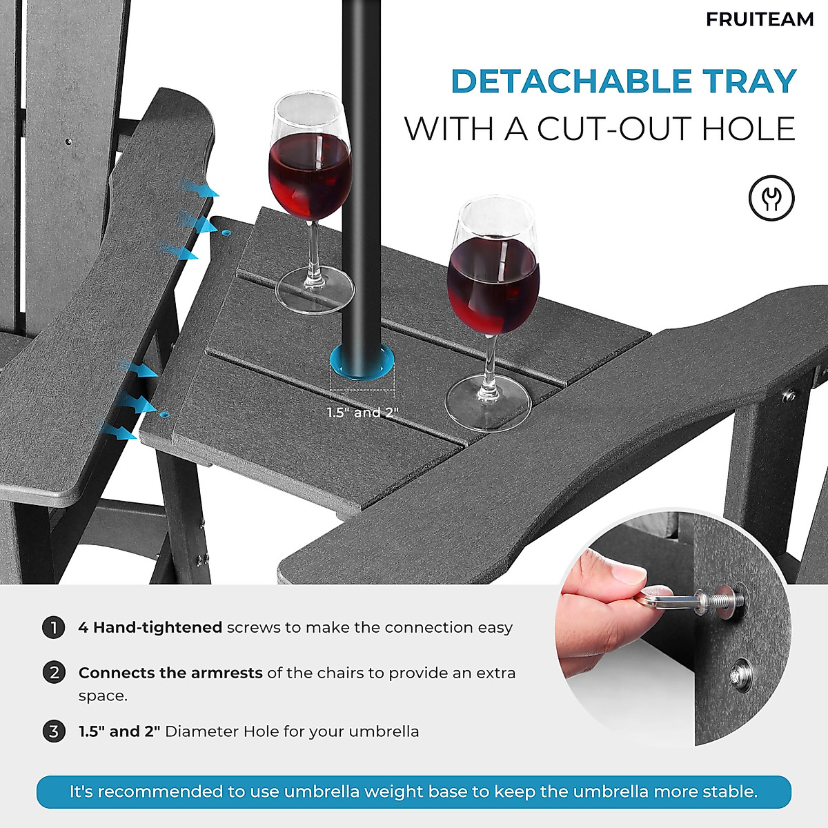 FRUITEAM High-Adirondack-Chairs Set of 2 with Connecting Tray, Outdoor Weather-Resistant Deck Chairs, Low-Maintenance Poly Balcony Chairs Set, for Patio, Poolside, Garden