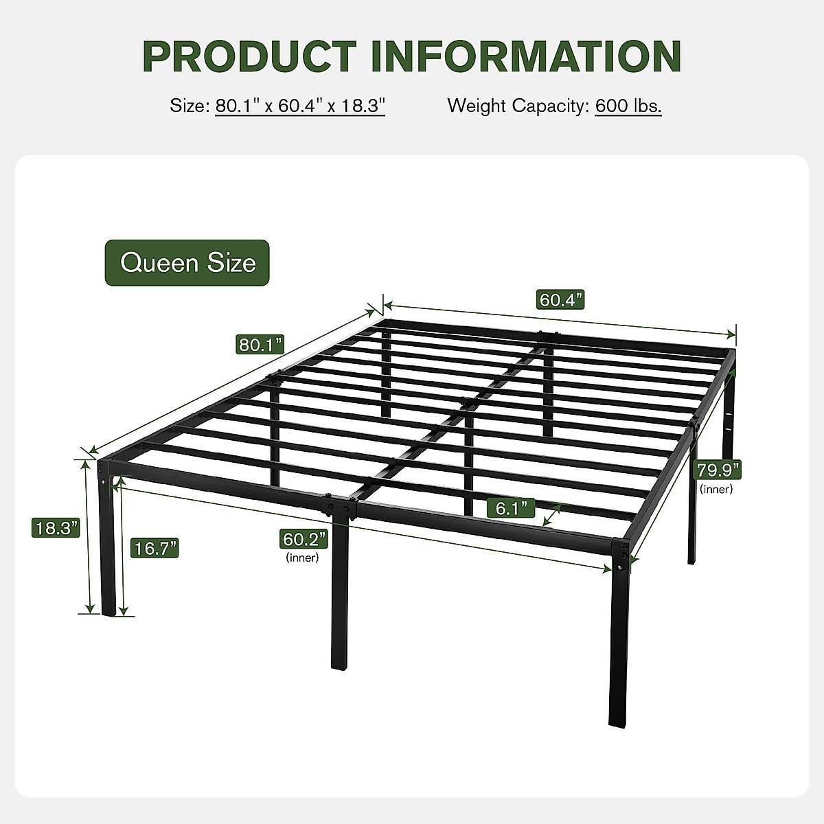 IMUsee Heavy Duty 18.3 inch Queen Size Platform Bed Frame with Large Under Bed Storage Space, Sturdy Metal Frame/Mattress Foundation/No Box Spring Needed/Easy Assembly/Noise-Free