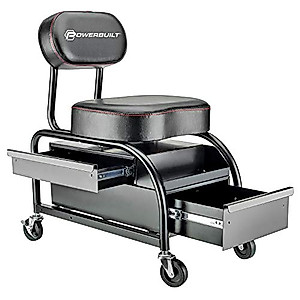 Powerbuilt Professional Car Detailers Mechanics Roller Seat, Heavy Duty Garage Stool with Thick Padded Seat and Backrest, 2 Sliding Storage Drawers, Tool Tray, Can Holders, 3in. Swivel Casters–240299