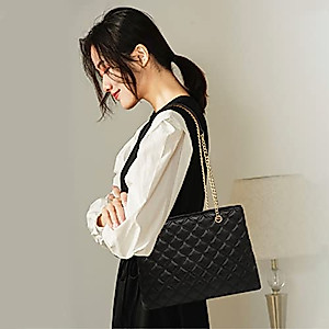 FOXLOVER Tote Handbags for Women, PU Leather Ladies Quilted Tote Bag Purses and Handbags with Chain Strap Women's Large Handbag (Black)