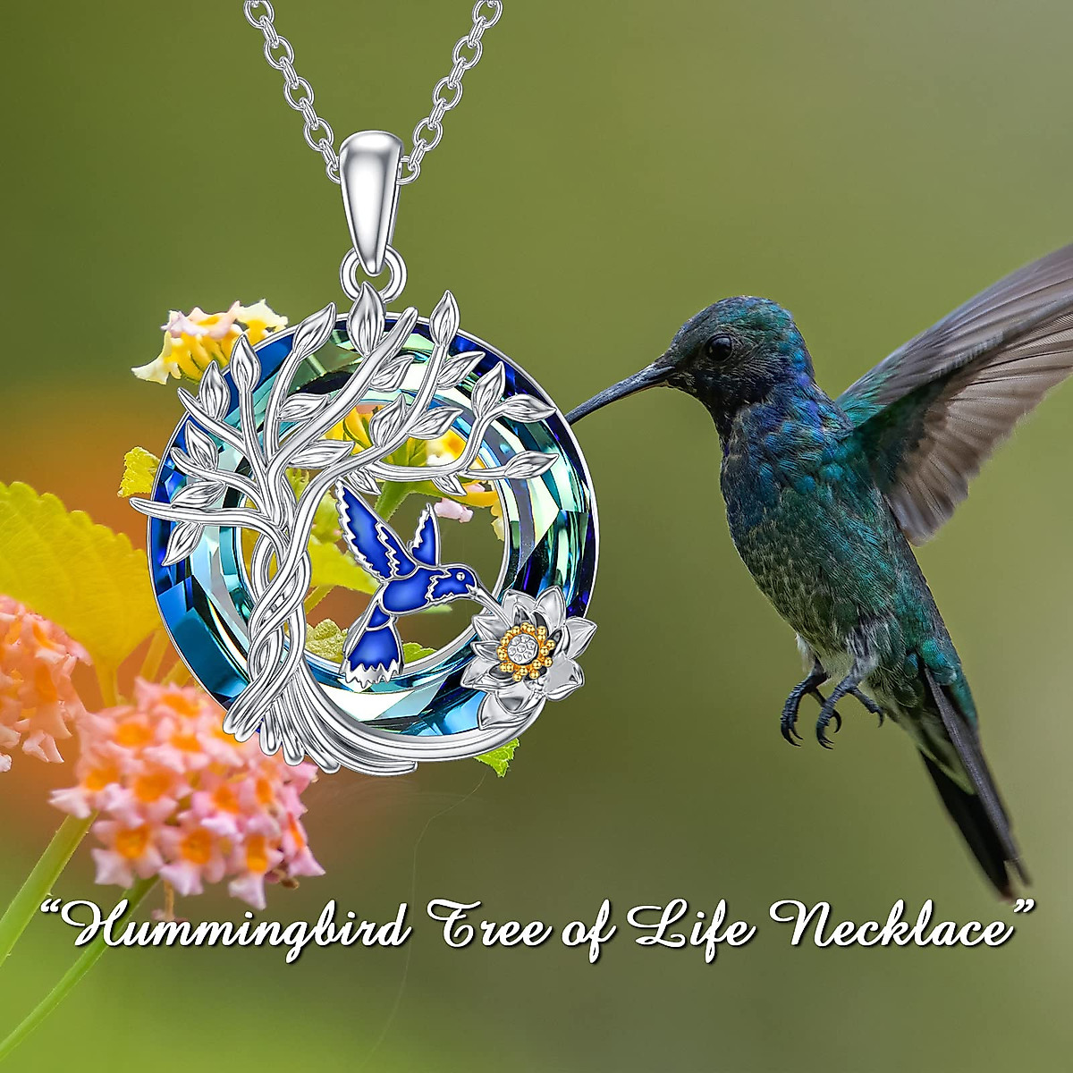 TOUPOP Insect Animal Theme Tree of Life Sterling Silver Hummingbird Pendant Necklace with Blue Crystal Cremation Jewelry Birthday Memorial Gifts for Women, Deep Blue Hummingbird
