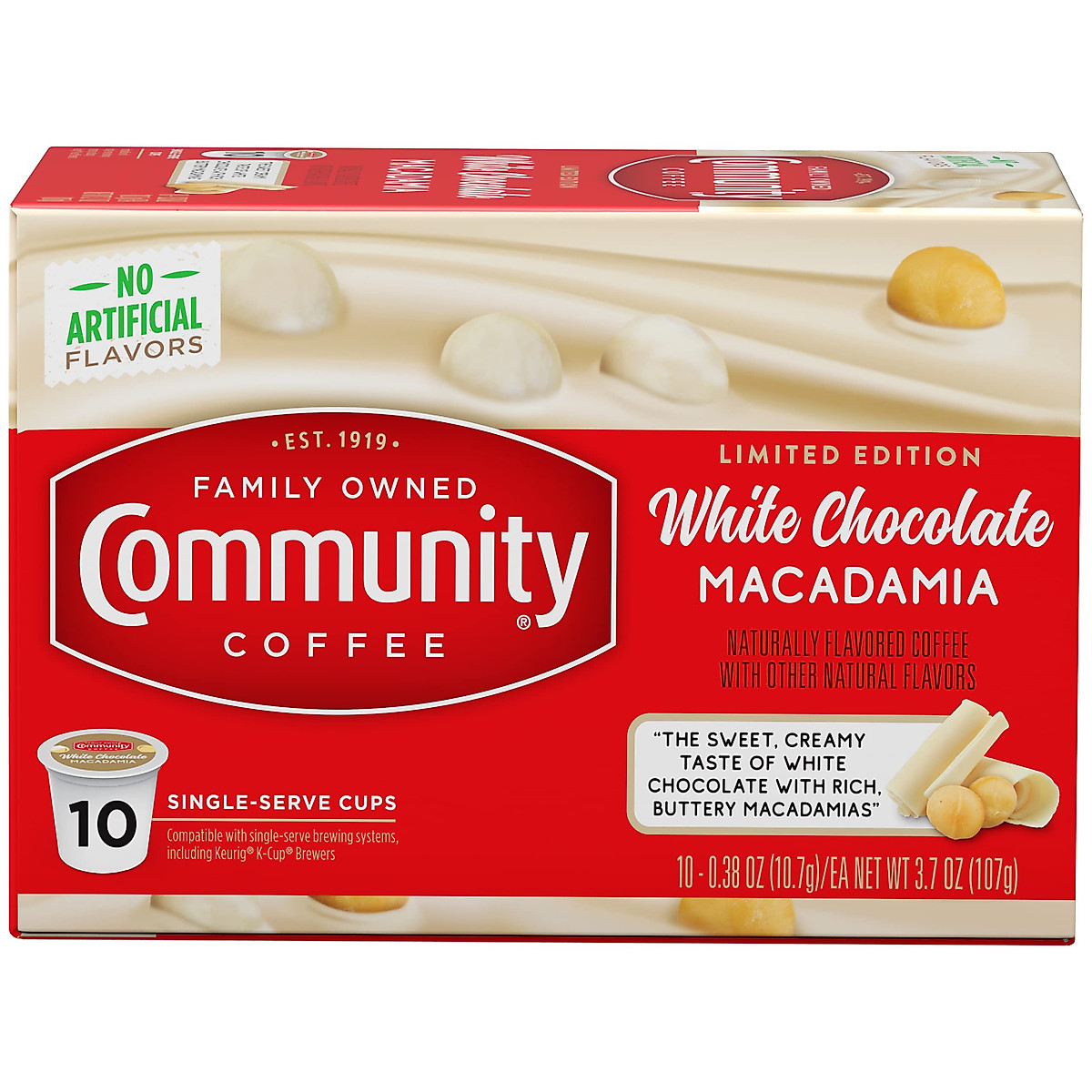 Community Coffee Limited Edition White Chocolate Macadamia 10 count Flavored Coffee Pods, Medium Roast Compatible with Keurig 2.0 K-Cup Brewers