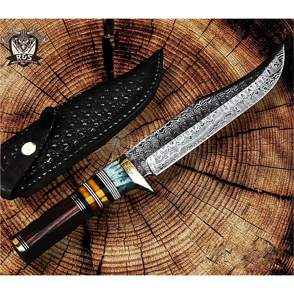 R&S INDUSTRIES CRAFTS LLC Damascus hunting knife | Custom Handmade Damascus steel hunting Bush craft knife| EDC Overall 13" Knife with Genuine Leather sheath | Best Birthday & Anniversary for him