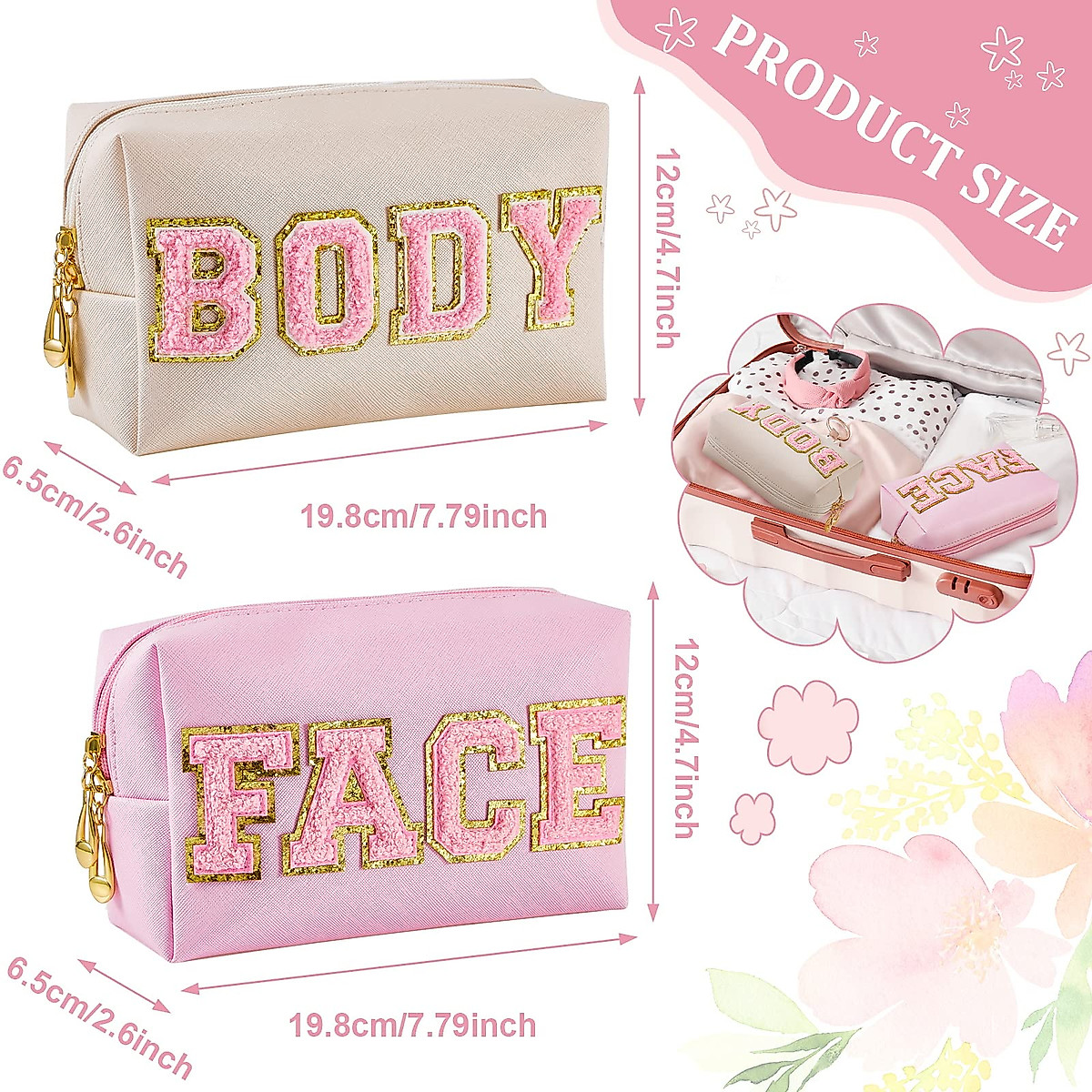 Patelai 2 Pcs Preppy Makeup Bags Chenille Letter Patch Bag Face Skin Hair Stuff Aesthetic Cosmetic Bag Travel Zipper Pouch Makeup Organizer Graduation Gift for Girls(White, Pink, Body, Face)