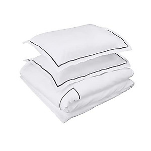 Dainty Homes Two Lines Silky Embroidered = on White Baise Navy Blue Color 500 TC 100% Egyptian Cotton 3 Pieces Duvet Cover with Pillow Shams Olympic Queen Size