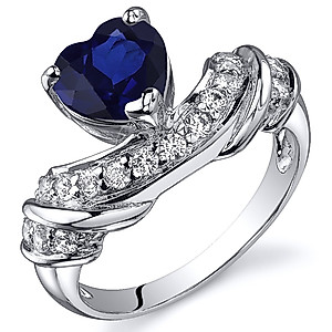 PEORA Created Blue Sapphire Heart Ring for Women in Sterling Silver, Statement Solitaire Design, 2 Carats total, Comfort Fit, Size 7