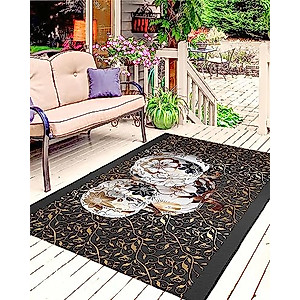 Outdoor Area Rug for Patio,Fall Thanksgiving Pumpkin Black Camping Rugs Indoor Large Floor Mat 5x8ft,White Floral Gold Leaves Outside Carpet for Deck RV Picnic Porch Backyard Bedroom Living Room