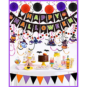 Happy Halloween Banner Halloween Party Decorations Indoor, Paper Pom Poms Triangle Flag Halloween Sign Hanging Garland Swirls Halloween Streamers for Trunk or Treat Decorations
