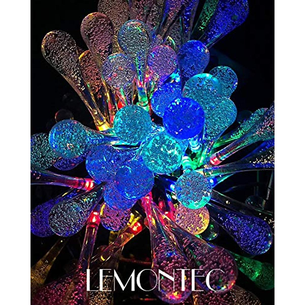 Lemontec 2-Pack Solar String Lights 20 Feet 30 LED Water Drop Solar Fairy Waterproof Lights for Garden, Patio, Yard, Home, Parties, Multi Color
