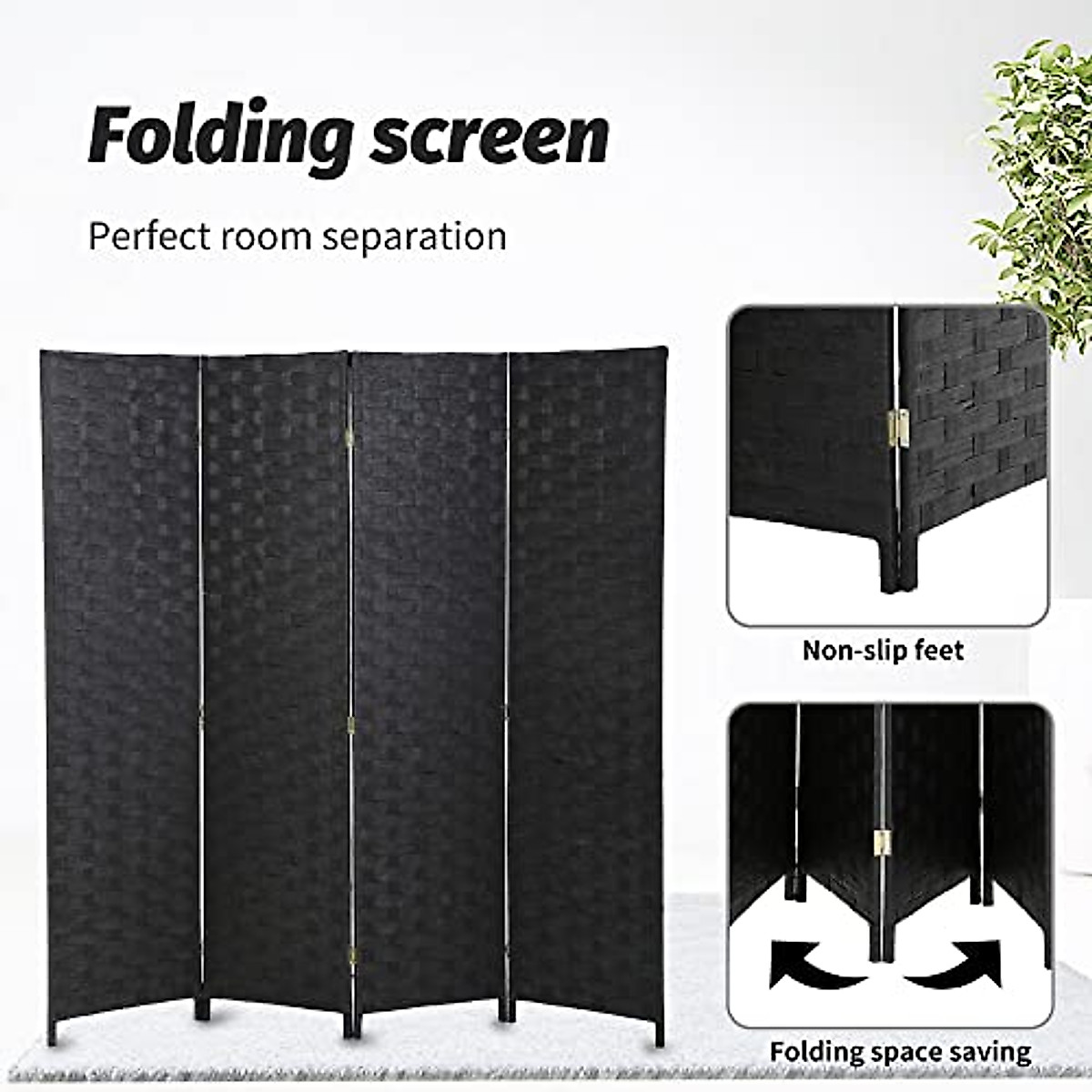Room Divider 6FT 4 Panels Wall Divider Privacy Screen Wood Mesh Hand-Woven Design Room Screen Divider Indoor Folding Portable Partition Screen (Black)