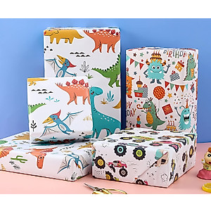 CAMKUZON Birthday Wrapping Paper Rolls for Kids Boys Girls Baby Shower Holiday - Cartoon Dinosaur, Monster Truck and Happy Party Designs Gift Wrap - Pack of 3, 17.7 Inch X 10 Feet Per Roll