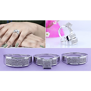 Dazzlingrock Collection 0.65 Carat (ctw) Round White Diamond Square Cluster Wedding Trio Ring Set in 925 Sterling Silver, Women size 8 & Men size 11