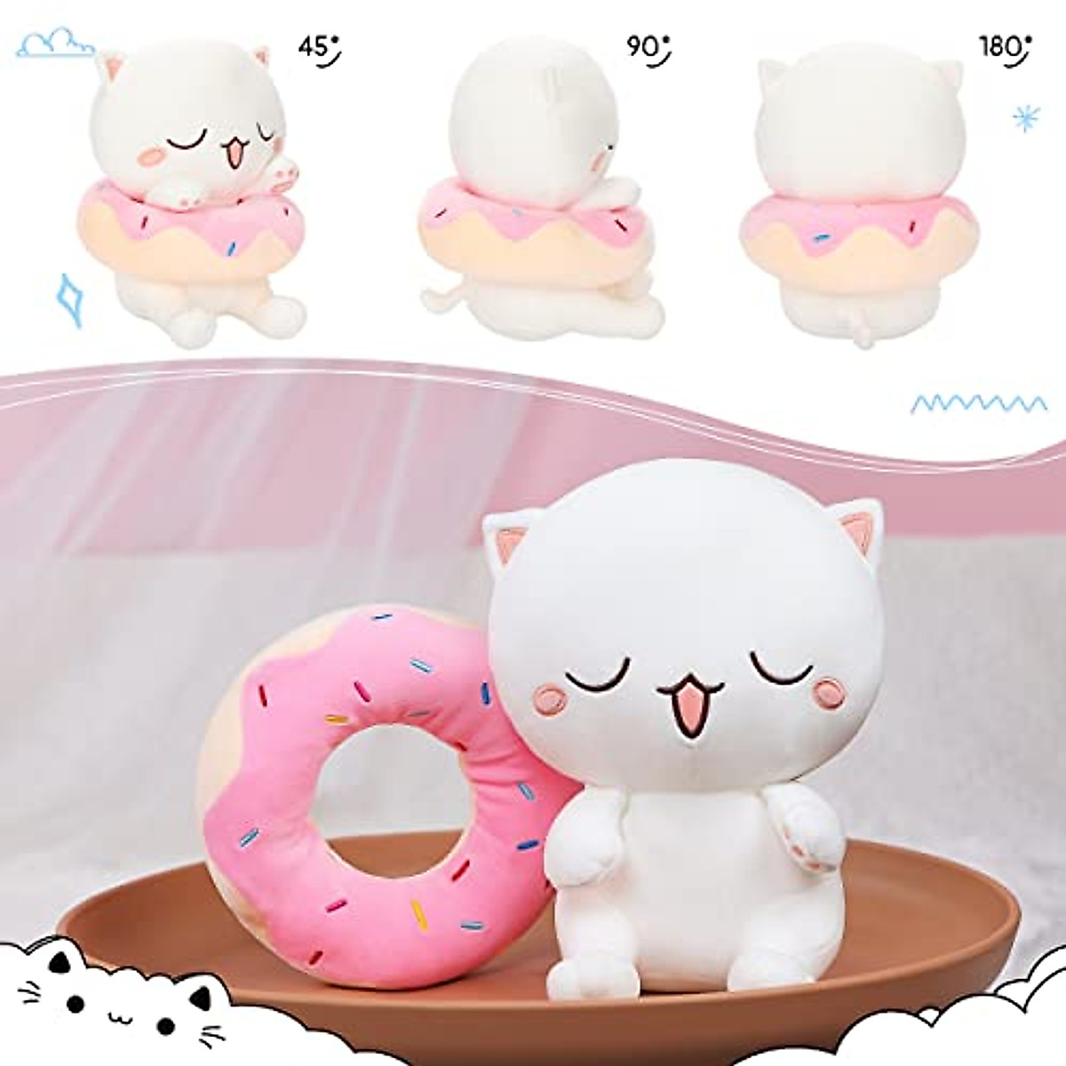 AIXINI Cute Plush Donut Cat Stuffed Animal, Super Soft Kawaii Cat Kitten Plushies for Kids 10inch (White,B)