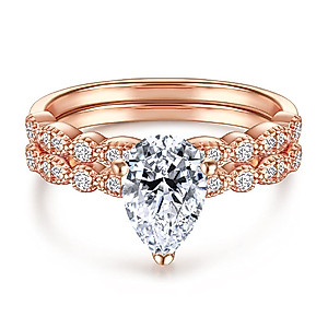 Vintage Wedding Ring Set for Women Bridal Sets Wedding Rings, 1 Carat Center Round/Radiant/Pear Cut Moissanite Engagement Ring Set 925 Sterling Silver 10K 14K 18K Gold Free Engraving(Style 2 - Pear Cut)