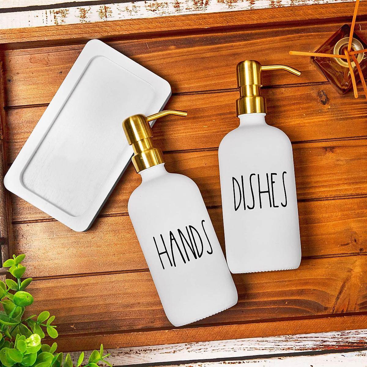 Luxury Gold Soap Dispenser for Kitchen Sink by Brighter Barns - White Glass Kitchen Soap Dispenser Set with Tray, Stainless Steel Pump - Modern Farmhouse Decor, White and Gold Kitchen Accessories