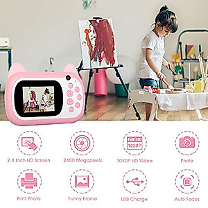 Instant Print Camera for Kids, Upgrade Selfie Kids Camera, Digital Zero Ink Video Camera with 3 Rolls Print Paper Camera, 1000 mAh, Dual Lens,1080P HD Video Recorder for Girls and Boys Gifts (Pink)