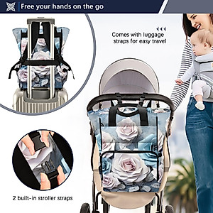 xigua Blue and White Roses Diaper Bag Backpack Multi Function Baby Changing Bags Waterproof Large Capacity Travel Back Pack for Mom Dad