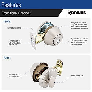 BRINKS - Transitional Single Cylinder Deadbolt, Satin Nickel - Built for Rigorous Residential Protection with ANSI Grade 2 Security (E2401-119)