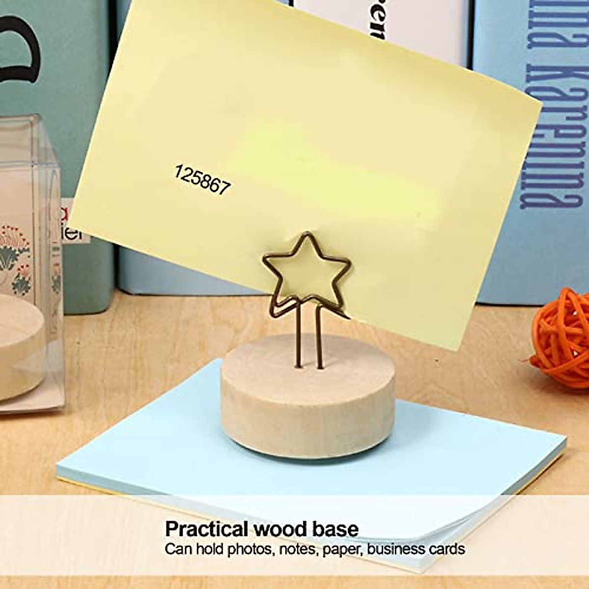 10PCS Number Holder, Wooden Base Place Card Holder, Star Shaped Iron Wire Photo Clip Table Sign Stand Number Holder Table Card Picture Memo Note Photo Picks Clip Stand for Christmas Party Wedding Home