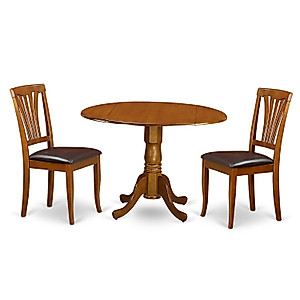 East West Furniture DLAV3-SBR-LC 3 Piece Dining Set Contains a Round Dining Table with Dropleaf and 2 Faux Leather Kitchen Room Chairs, 42x42 Inch, Saddle Brown