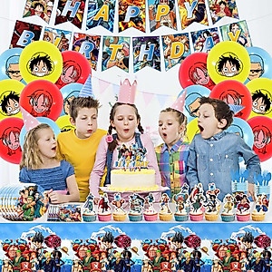 176Pcs One Piece Birthday Party Supplies, Anmie Birthday Party Decorations for 12 Guests, Include Happy Birthday Banner, Backdrop, Tableware Set, Tablecover, Cake Toppers, Balloons Set and Stickers