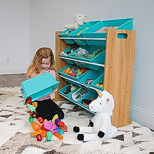 Humble Crew, Natural Wood/Aqua 12 Bin Toy Storage Organizer