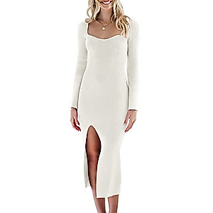 ANRABESS Womens Sweater Dress 2023 Fall Bell Long Sleeve Sweetheart Neck Side Slit Ribbed Knit Slim Fit Elegant Bodycon Midi Dress 578mibai-L White