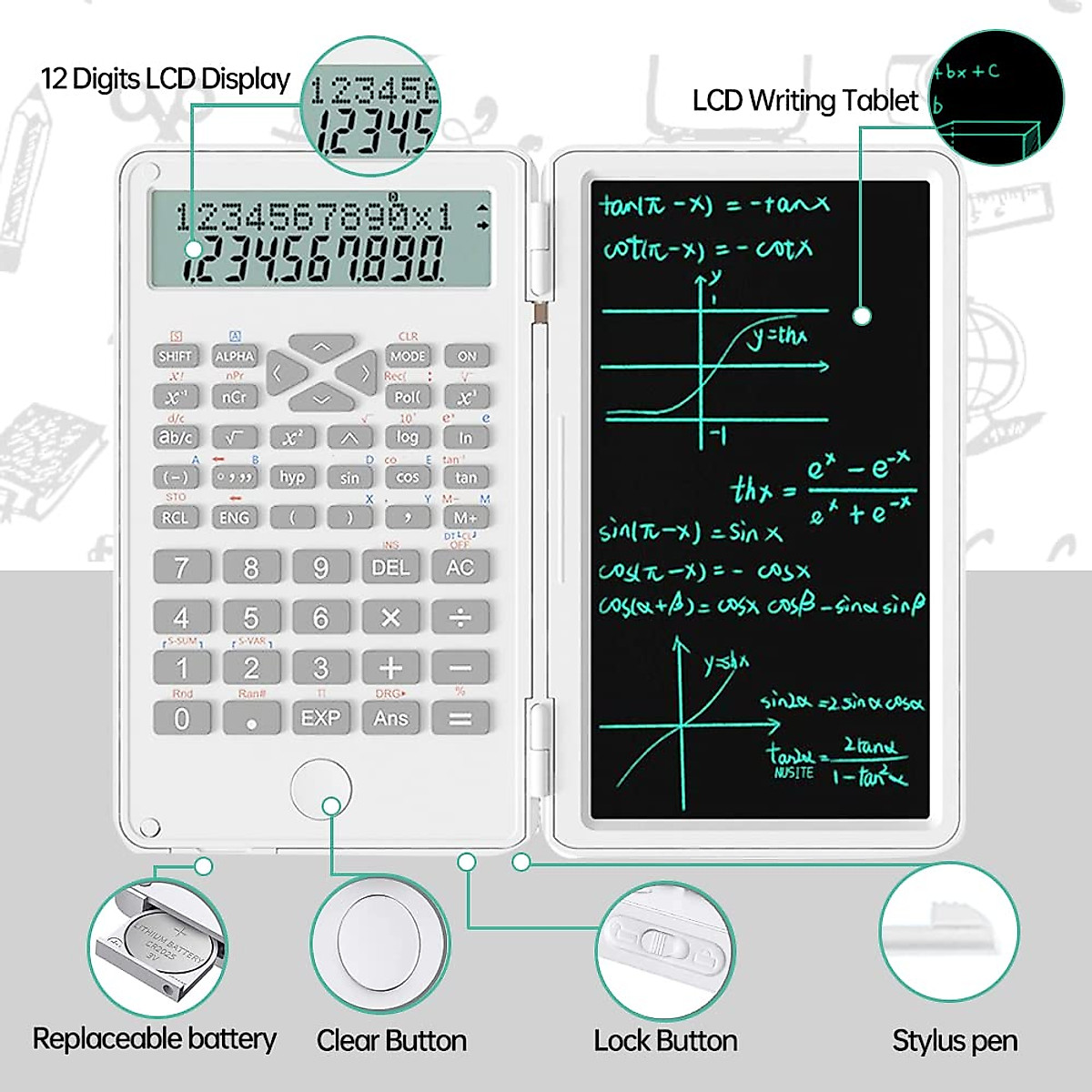 2 in 1 Scientific Calculator with Writing Tablet, Desktop Pocket LCD Science Calculator Notepad Professional Financial Calculator for Home School Office Business(White)